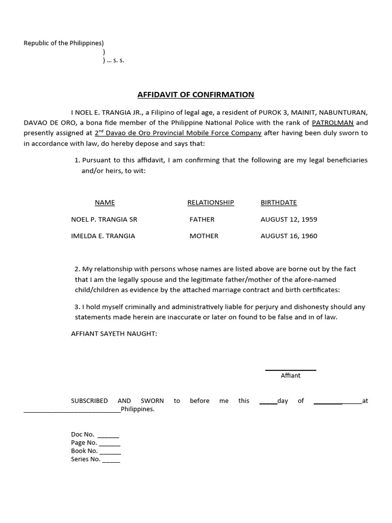 Affidavit of Confirmation For CDLB Format | Download Free PDF ...