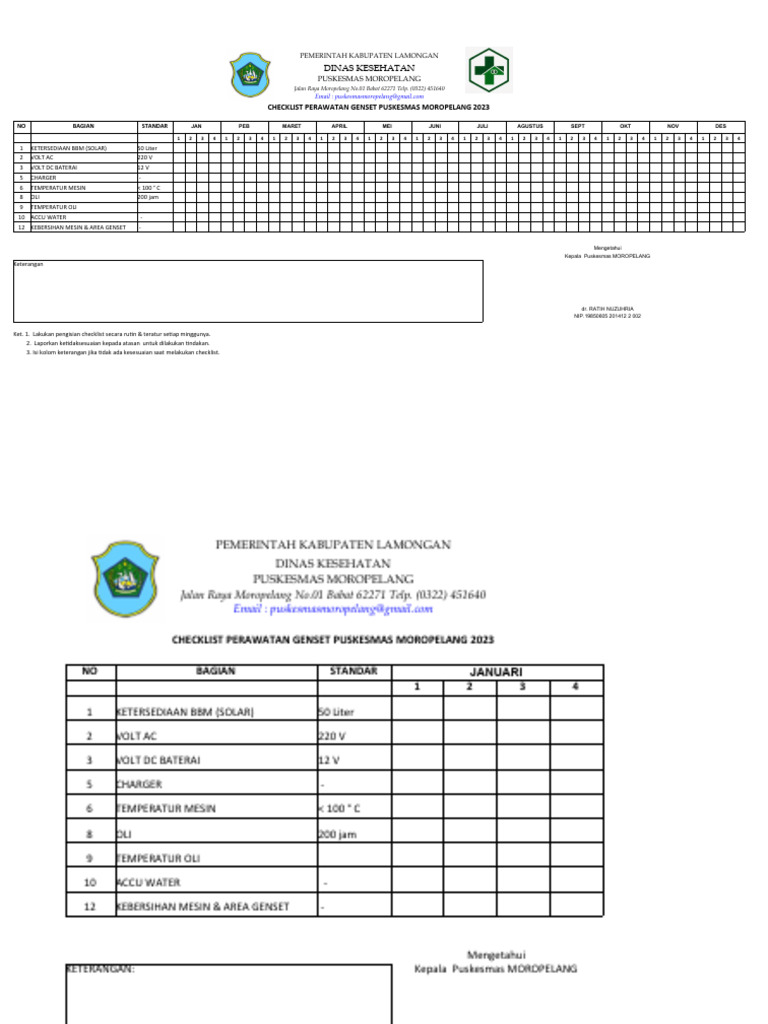 Checklist Perawatan Genset Xlsx | PDF