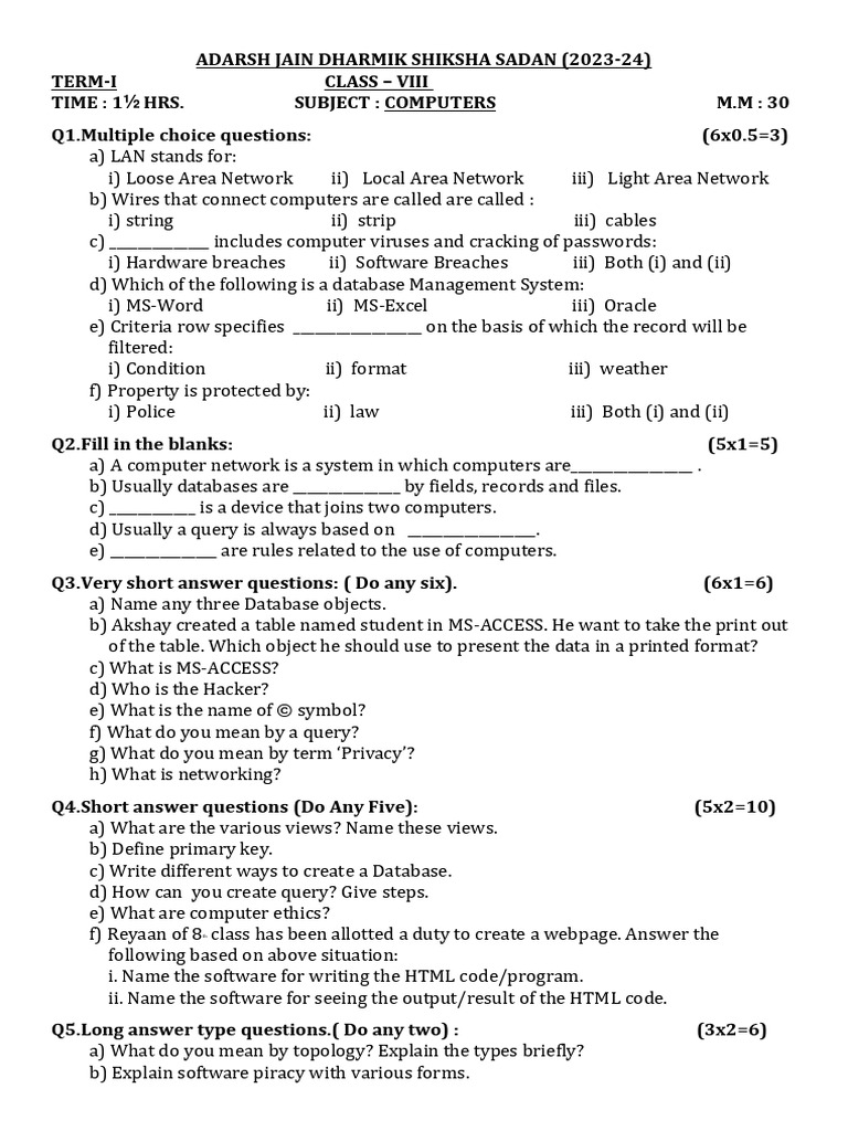 Class VIII - Computer | PDF | Databases | Computer Network