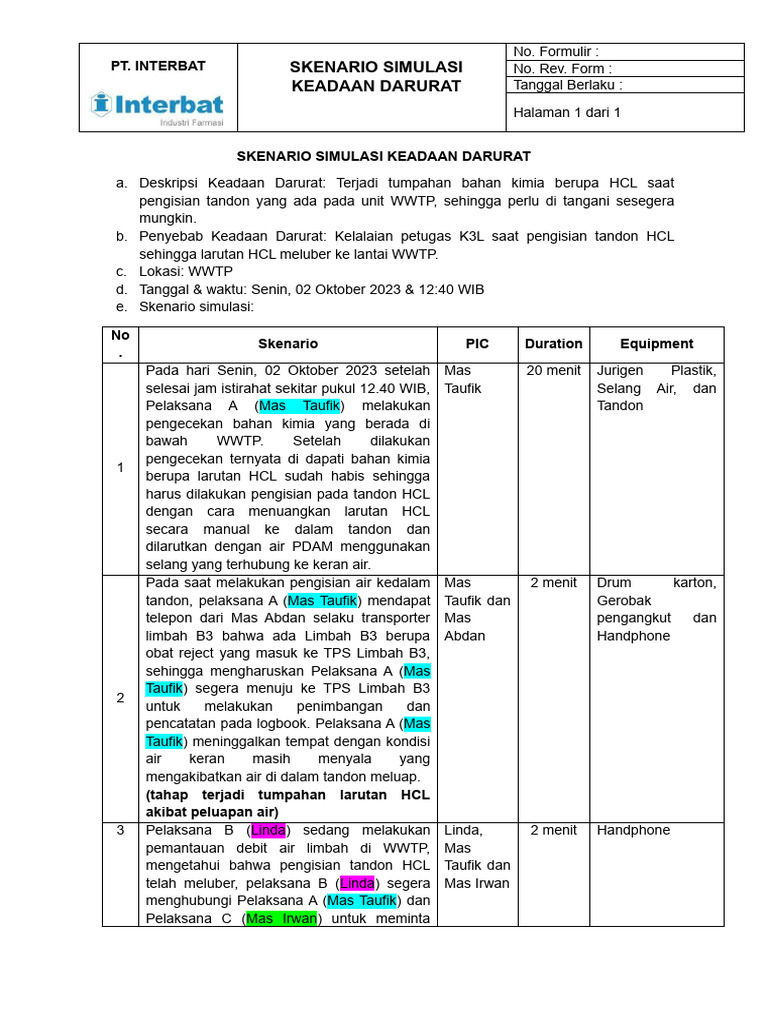 Simulasi Tanggap Darurat Tumpahan HCL | PDF
