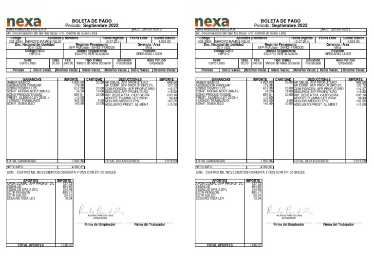 Boleta de Pago Septiembre 2022 - Nexa | PDF