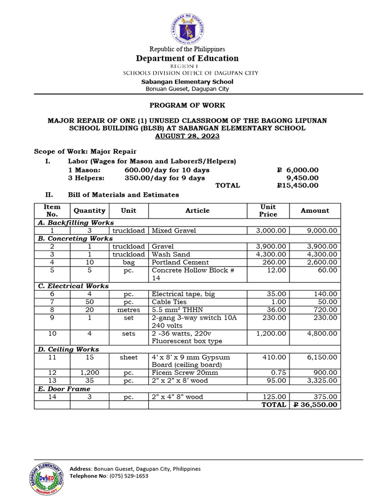 Program of Work | PDF | Construction Aggregate | Manufactured Goods