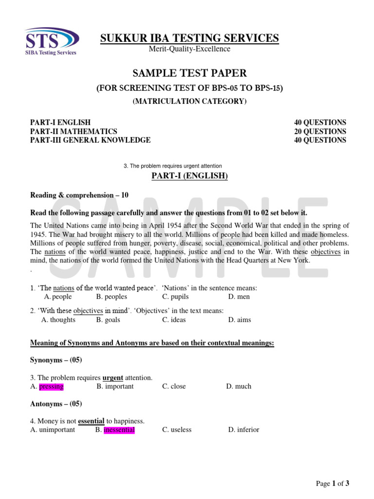 Sukkur Iba Testing Services Sample Test Paper: (For Screening Test of ...