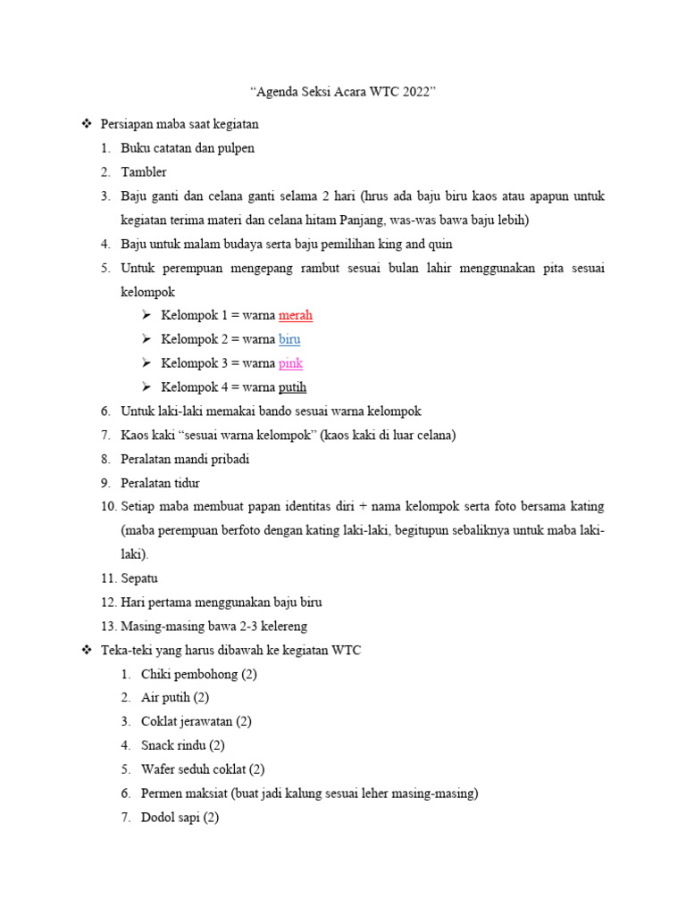 Agenda Dan Randown Acara Seksi Acara WTC 2022 | PDF