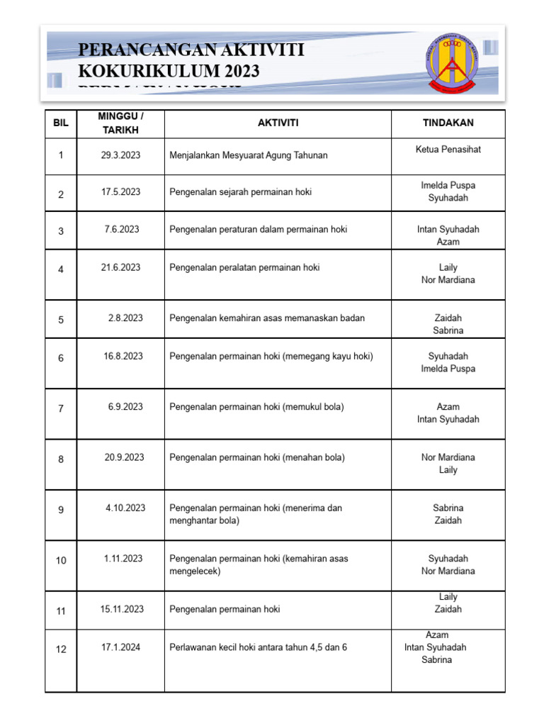 PERANCANGAN AKTIVITI KOKURIKULUM 2023 Hoki | PDF
