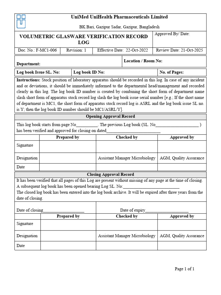 F-MC1-006 (Rev1) (VOLUMETRIC GLASSWARE VERIFICATION RECORD LOG) | PDF