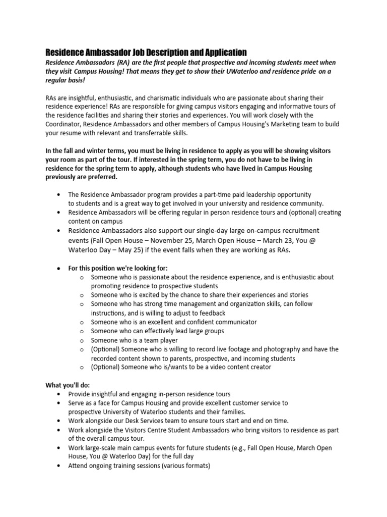 Residence Ambassador Job Description F23 PDF Business