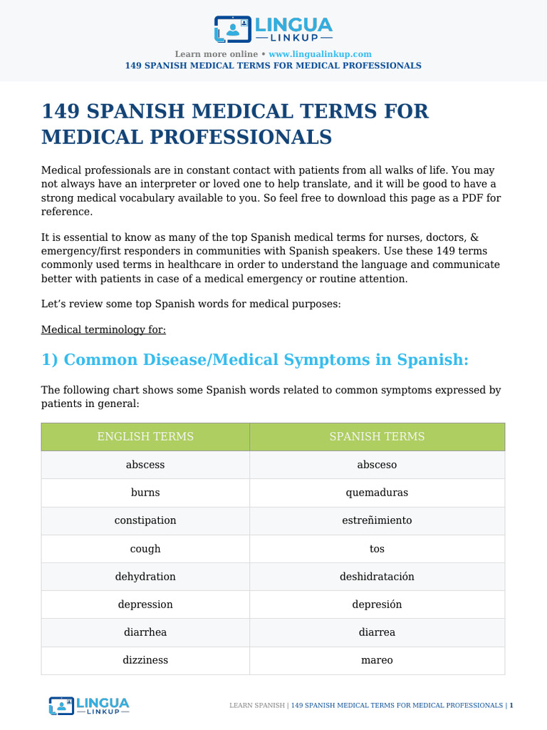 149 Spanish Medical Terms For Medical Professionals | PDF