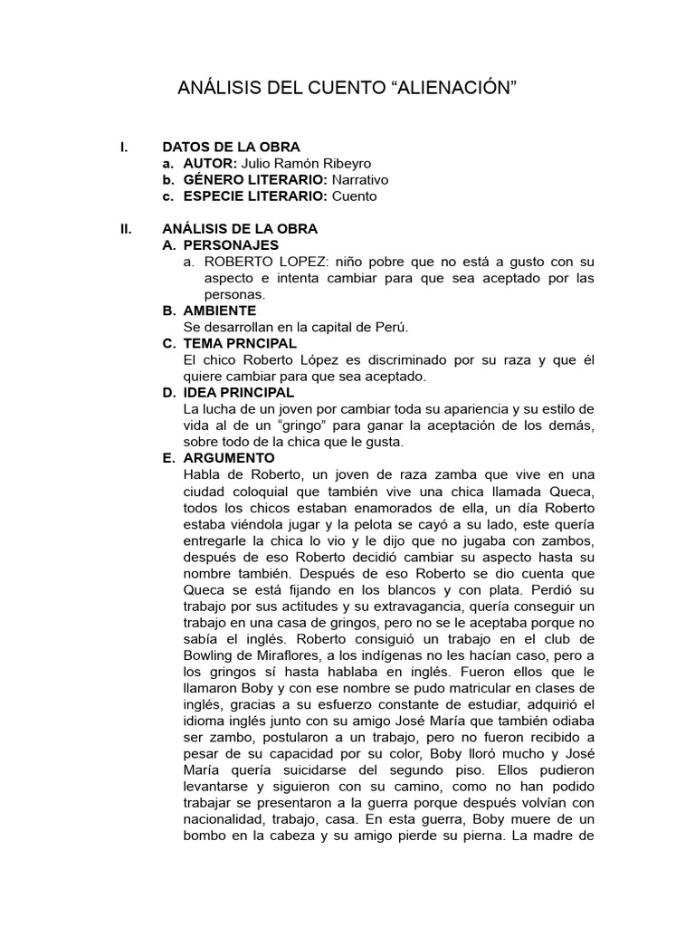 Análisis Del Cuento Alienación | PDF