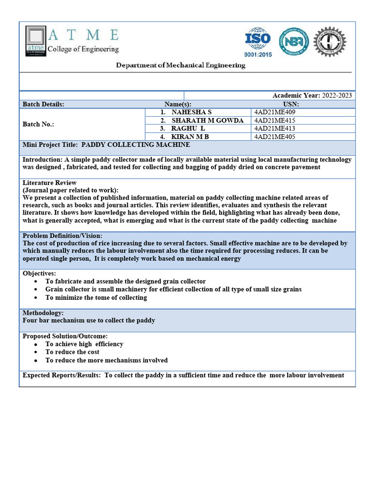 Paddy Collecting Machine Project Report | PDF | Rice | Machines
