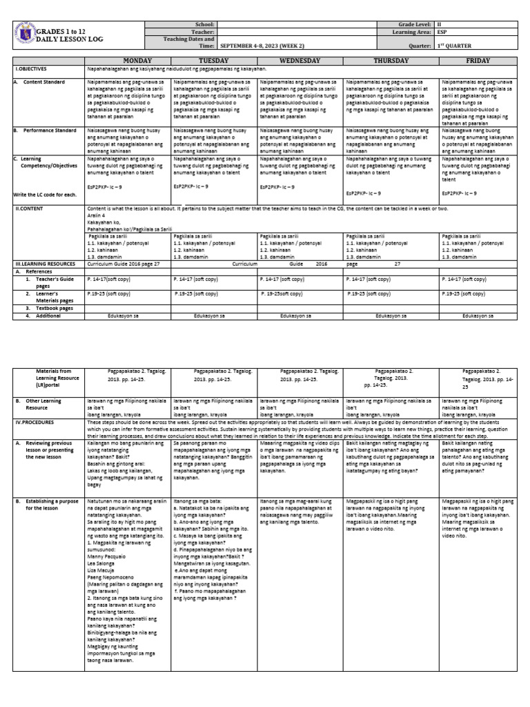 DLL - Esp 2 - Q1 - W2 | PDF