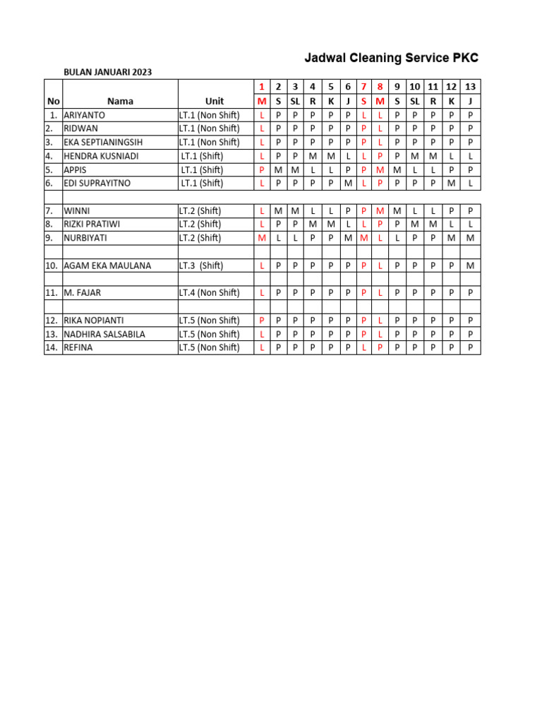 Jadwal Cleaning 2023 | PDF