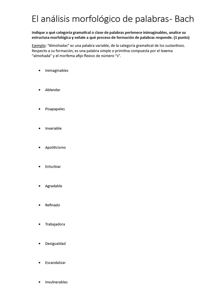 El Análisis Morfológico de Palabras - Ejercicios Bach | PDF