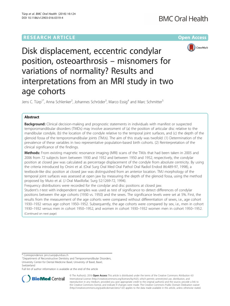 Disk Displacement, Eccentric Condylar Position, Osteoarthrosis | PDF