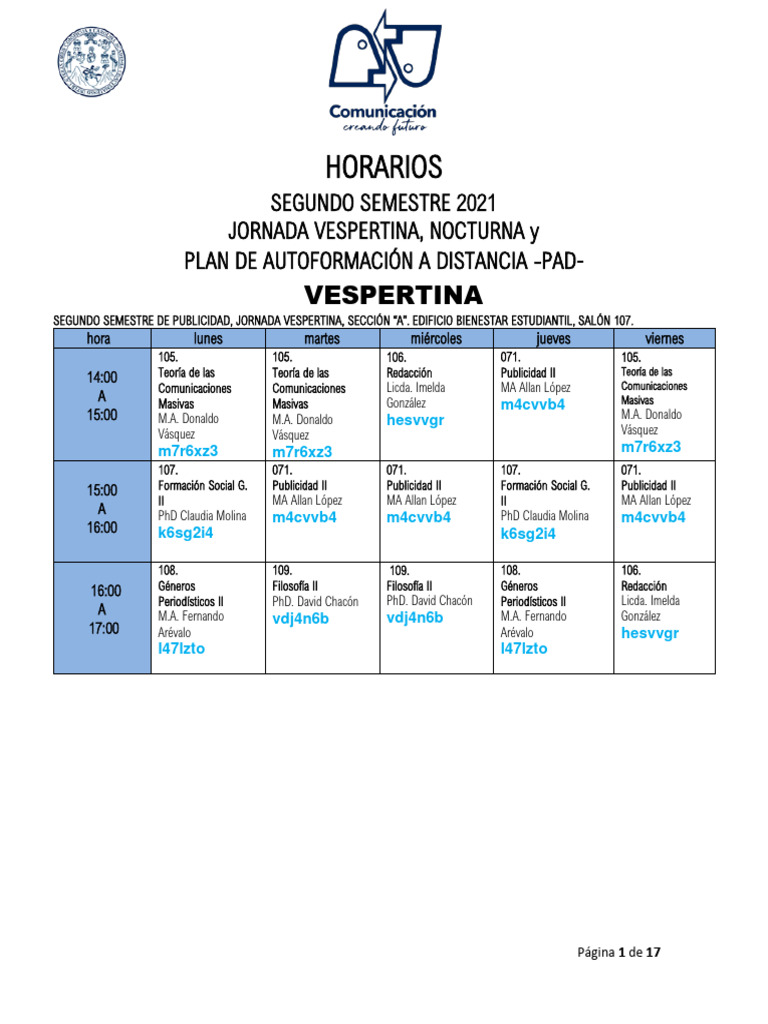 01.horarios Segundo Semestre 2021 | PDF