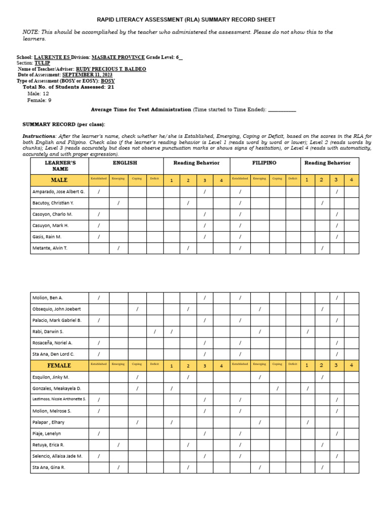 Tulip RAPID LITERACY ASSESSMENT | PDF | Cognitive Science | Human Communication