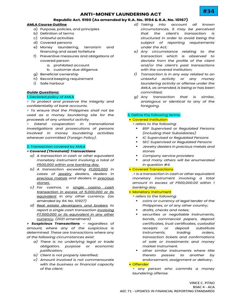 AMLA Law - Outline | PDF | Money Laundering | Securities (Finance)