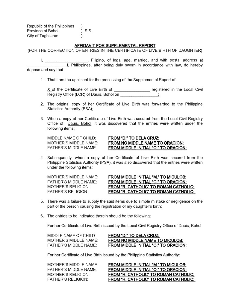 Affidavit For Supplemental Report For The Correction of Entries in The ...