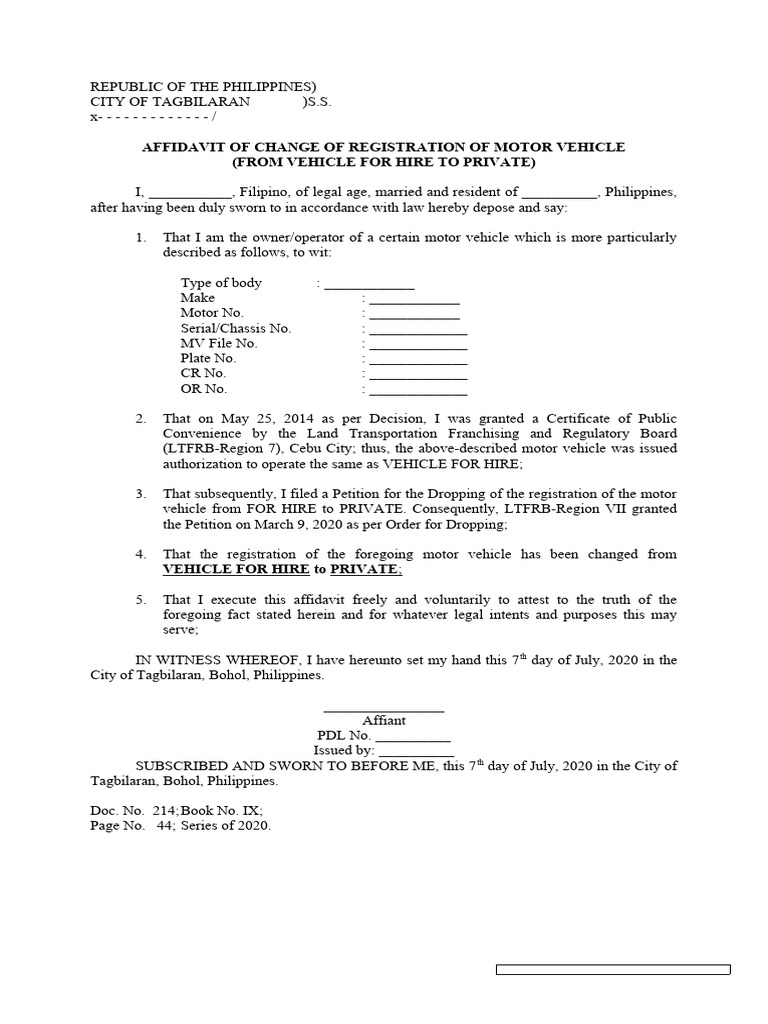 Affidavit of Change of Registration of Motor Vehicle | PDF