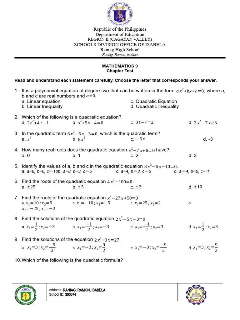 Math 9 Q1 Quiz 1 | PDF
