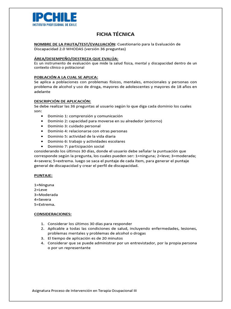 FORMATO Ficha Técnica WHODAS | PDF