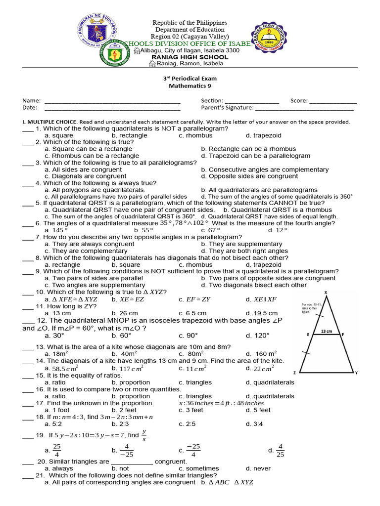 G9 Q3 Exam | PDF | Rectangle | Triangle
