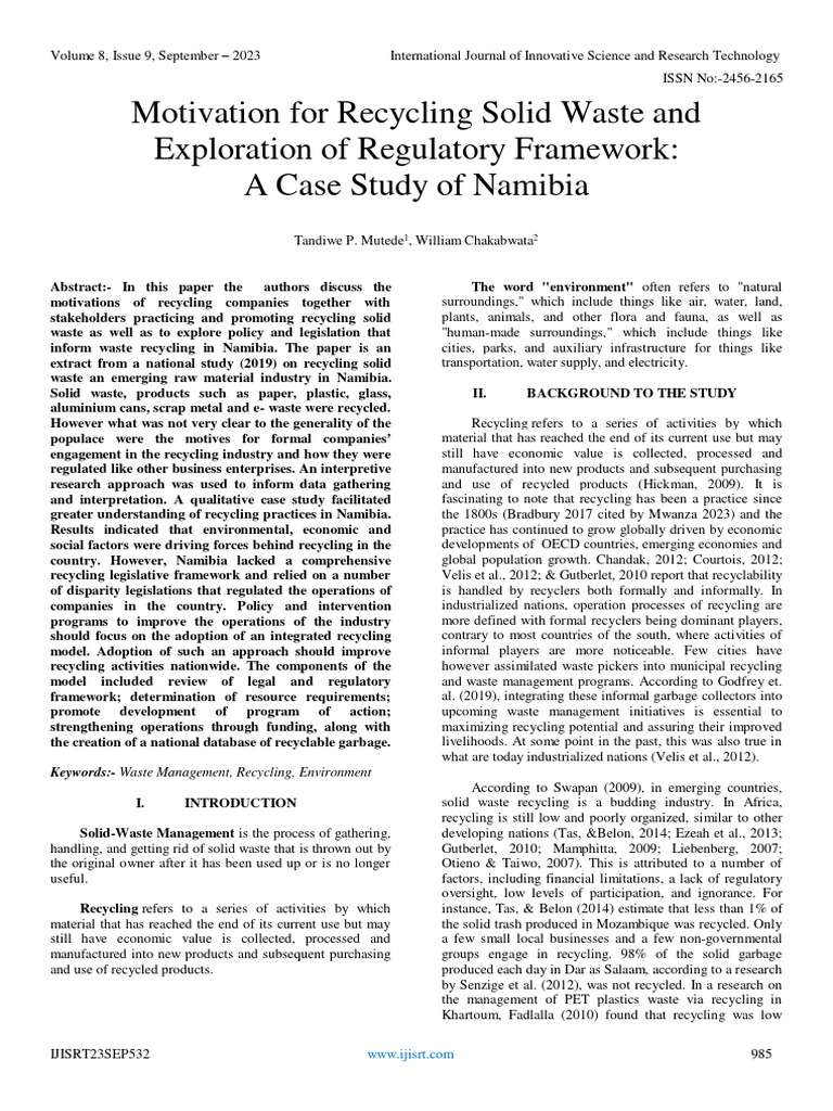 Motivation For Recycling Solid Waste and Exploration of Regulatory ...