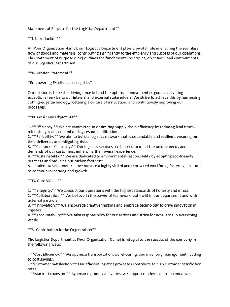 Statement of Purpose For The Logistics Department | PDF