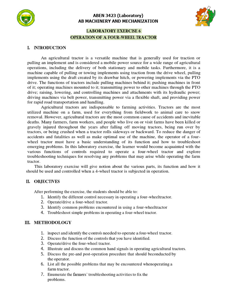Lab Exercise No. 5 Operation of Four Wheel Tractor | PDF