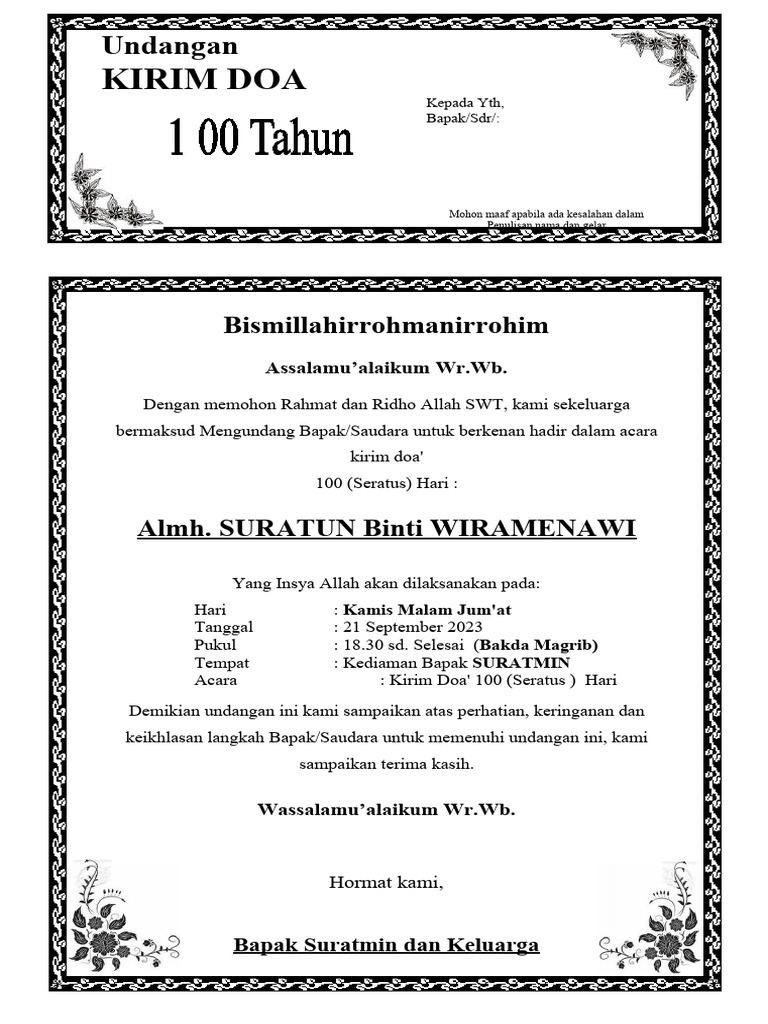 Undangan Kirim Doa 100 Hari Almh. Suratun | PDF