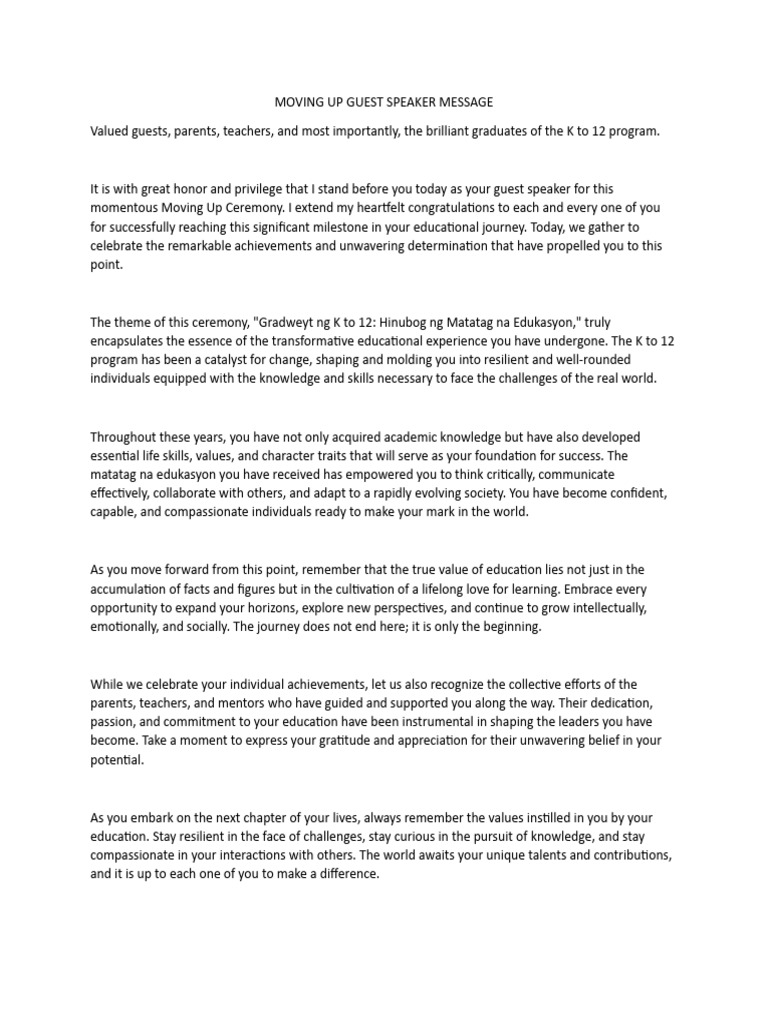 Moving Up Guest Speaker Message English | PDF | Knowledge ...