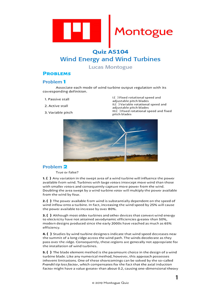 Wind Energy and Wind Turbines Solved Problems | PDF | Wind Turbine | Turbine