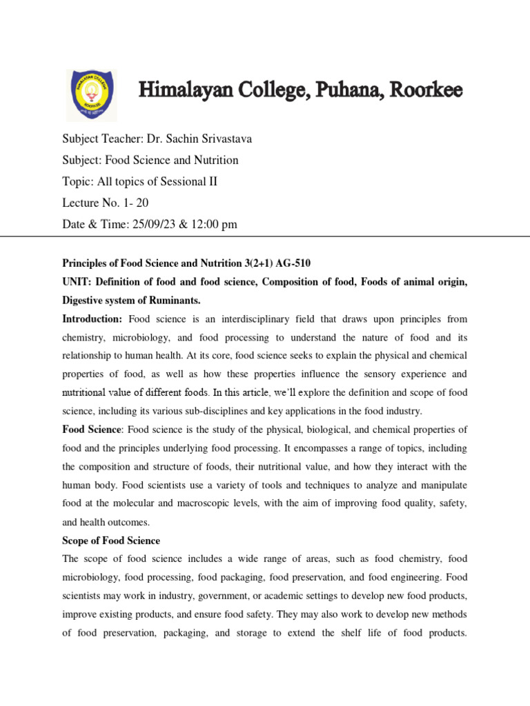 Food Science and Nutrition Unit-I | PDF