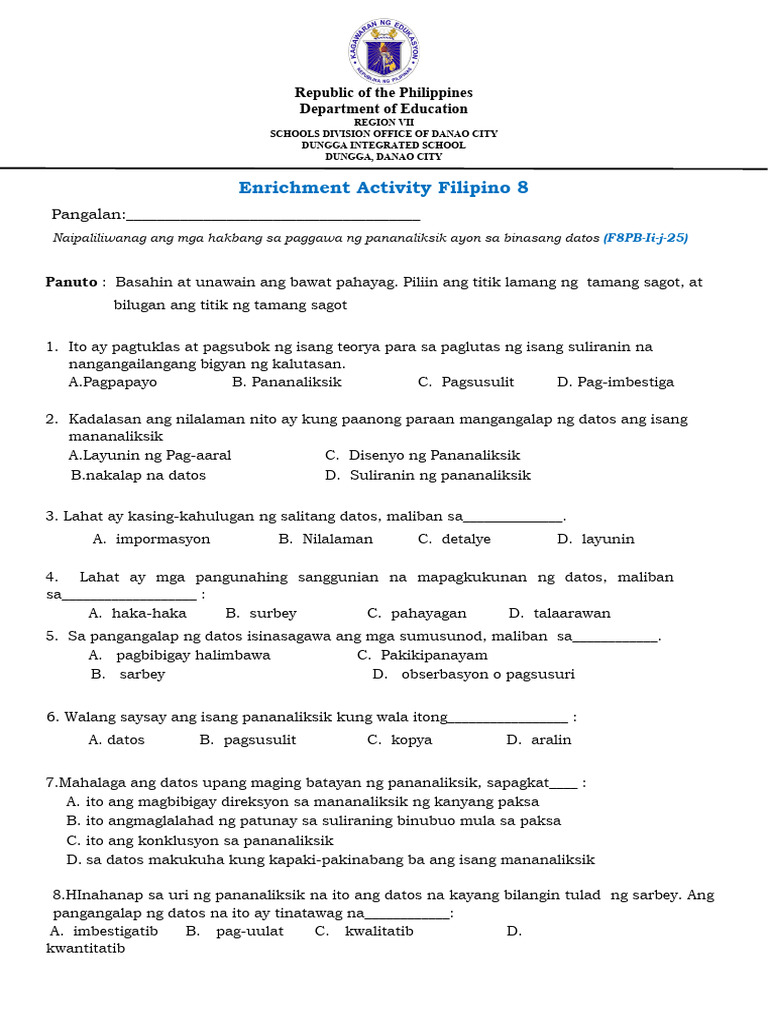Enrichment Activity Filipino 8 (Set 1) | PDF