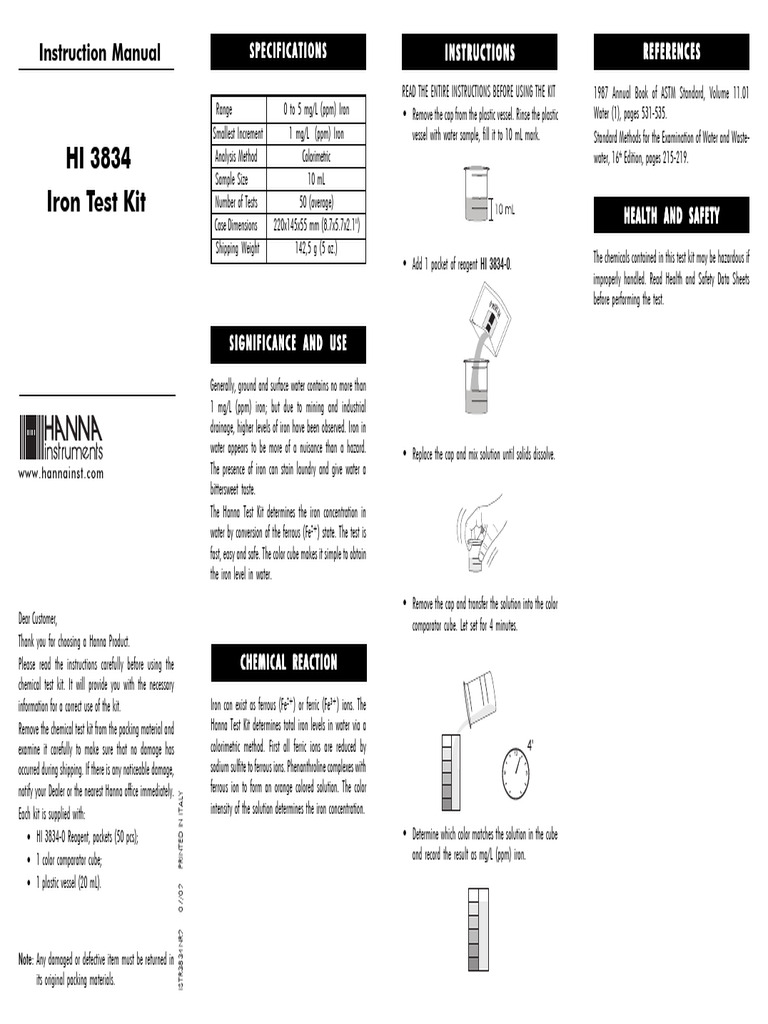 Iron Test Kit HI 3834 Instructions | PDF