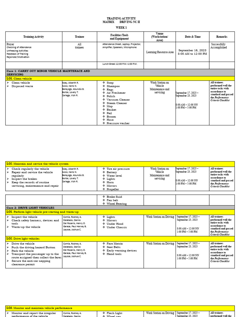 Training Activity Matrix | PDF