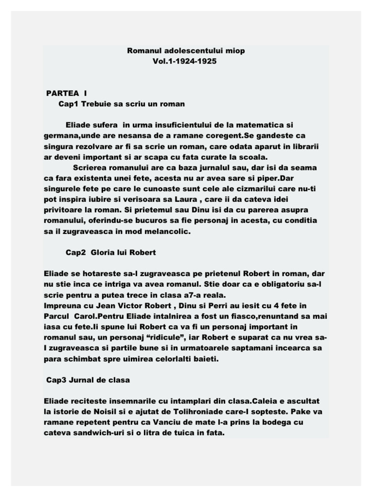 Romanul Adolescentului Miop Rezumat Pe Capitole | PDF