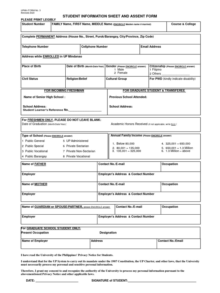 Student Information and Assent Form | PDF