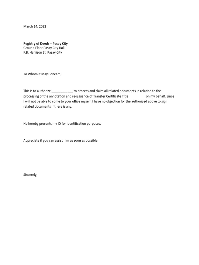 Authorization Letter - TCT Issuance | PDF