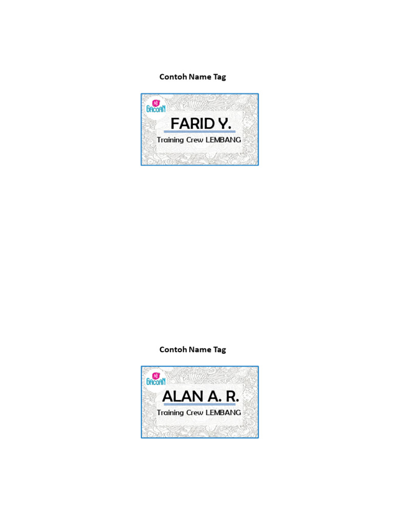 Name Tags for Training Crew Lembang | PDF