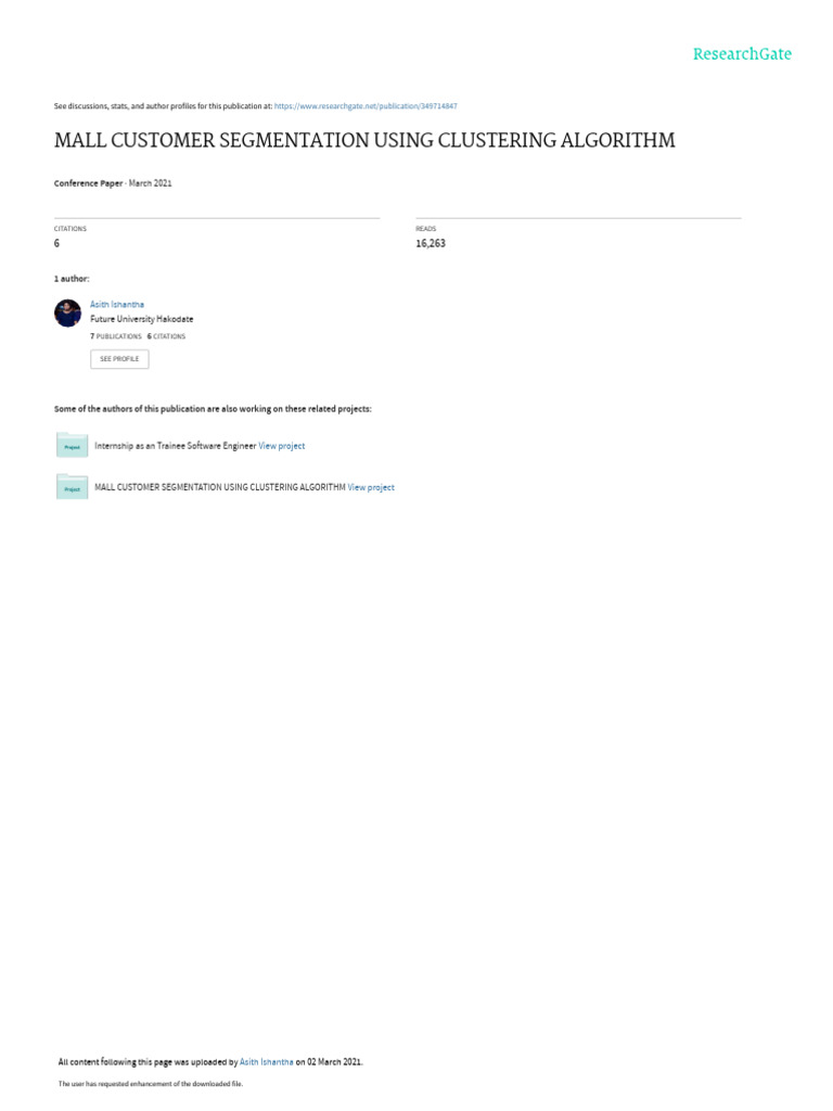 Mall Customer Segmentation Using Clustering Algorithm: March 2021 | PDF | Cluster Analysis ...