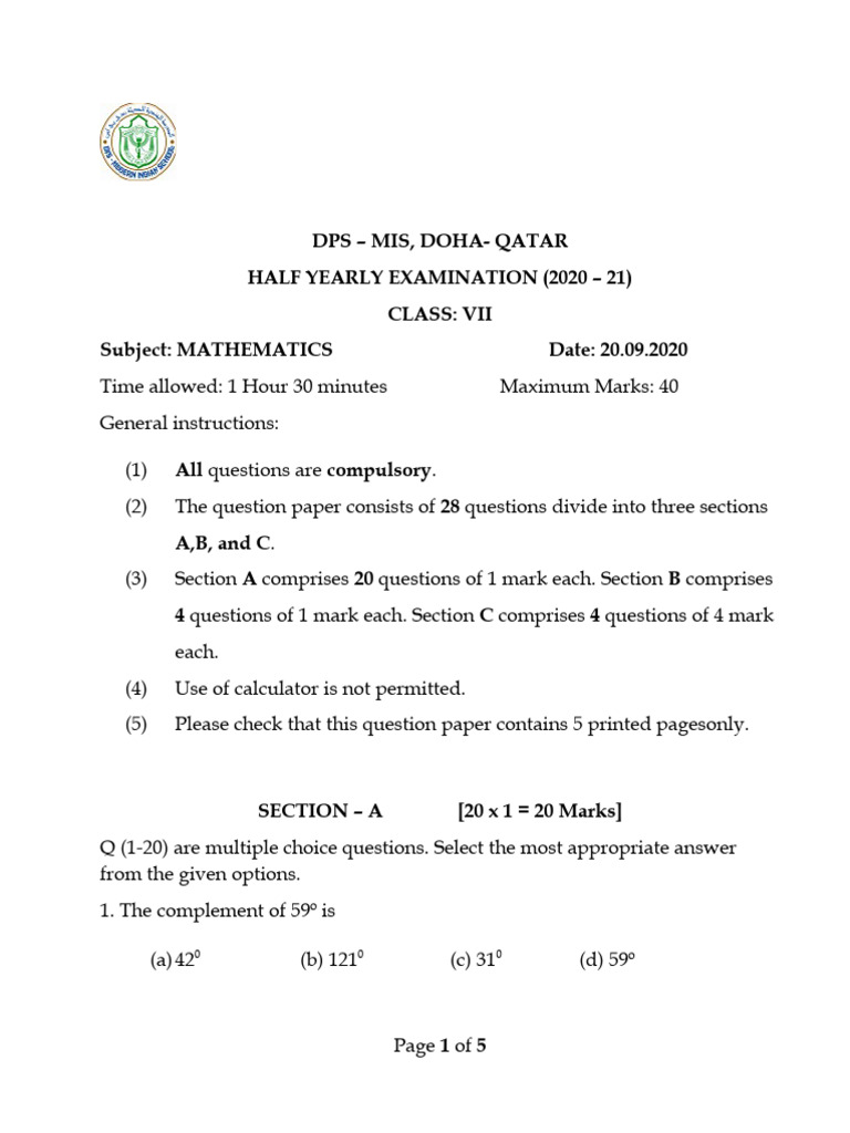 Half Yearly Exam - QP | PDF | Angle | Mathematics
