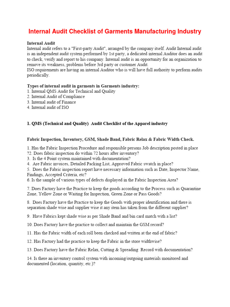 Garment Industry Internal Audit Checklist | PDF | Audit | Calibration