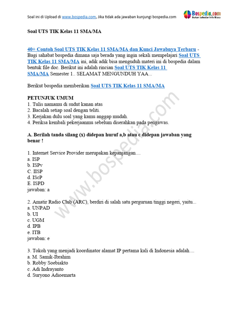 40+ Contoh Soal UTS TIK Kelas 11 SMA MA Dan Kunci Jawabnya | PDF