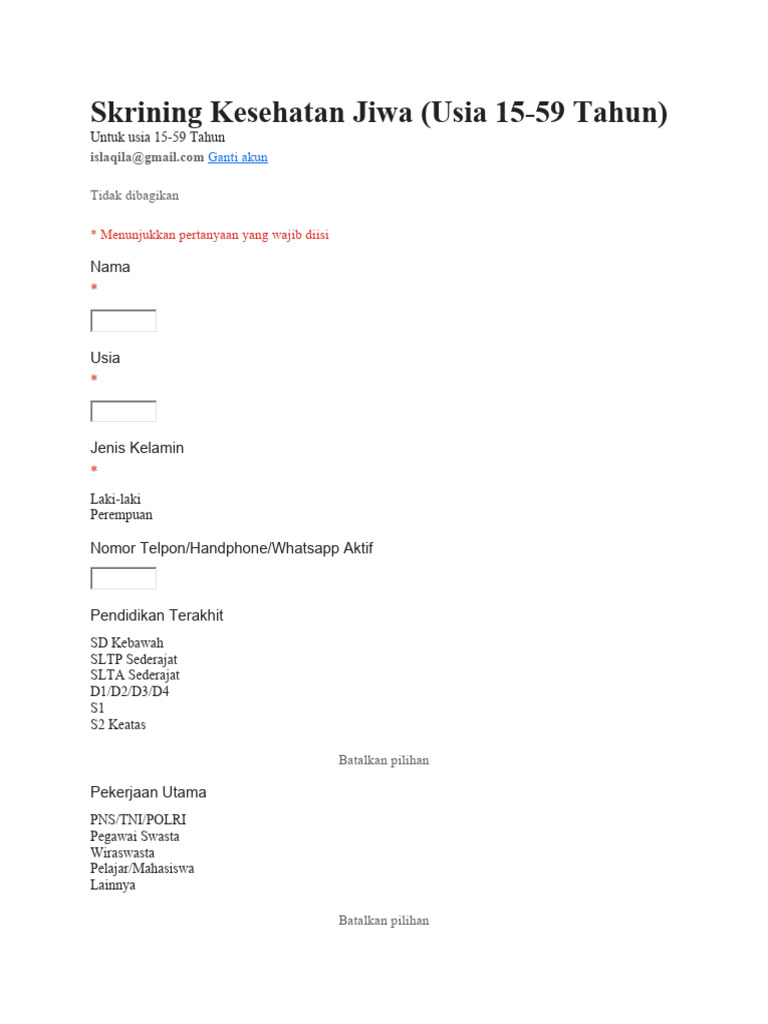 Format Skrining Kesehatan Jiwa Usia 15-59 | PDF