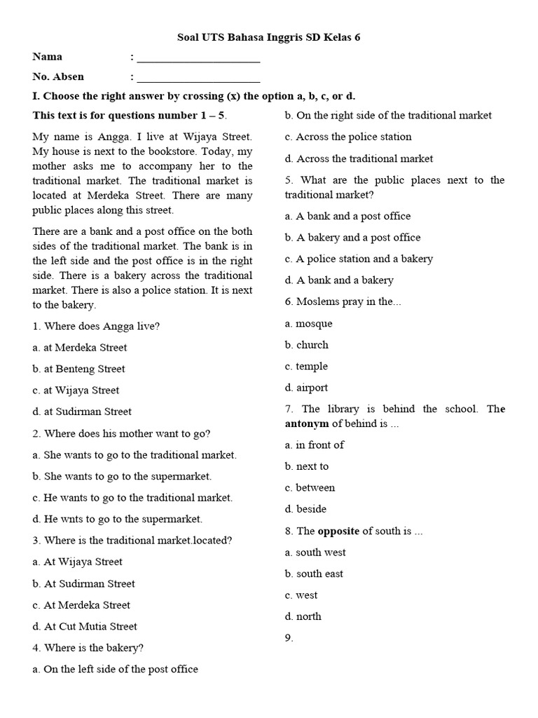 Soal UTS Bahasa Inggris SD Kelas 6 | PDF
