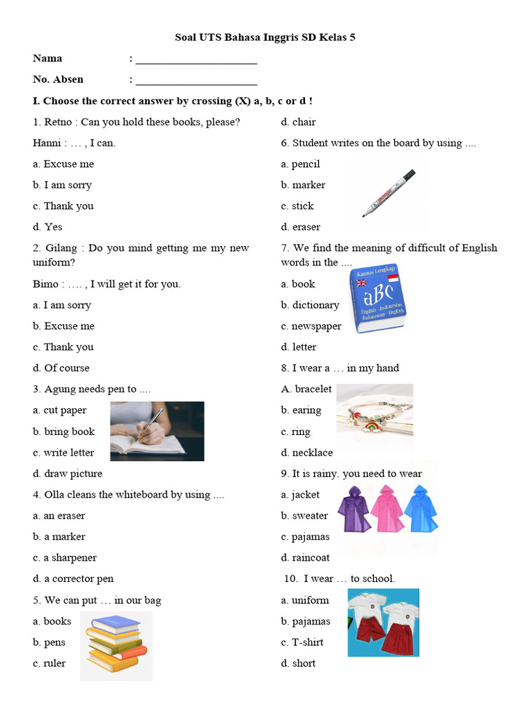 Soal UTS Bahasa Inggris SD Kelas 5 | PDF