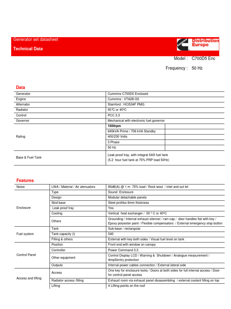 Cummins c700d5 Enclosed Data Sheet | PDF | Manufactured Goods ...