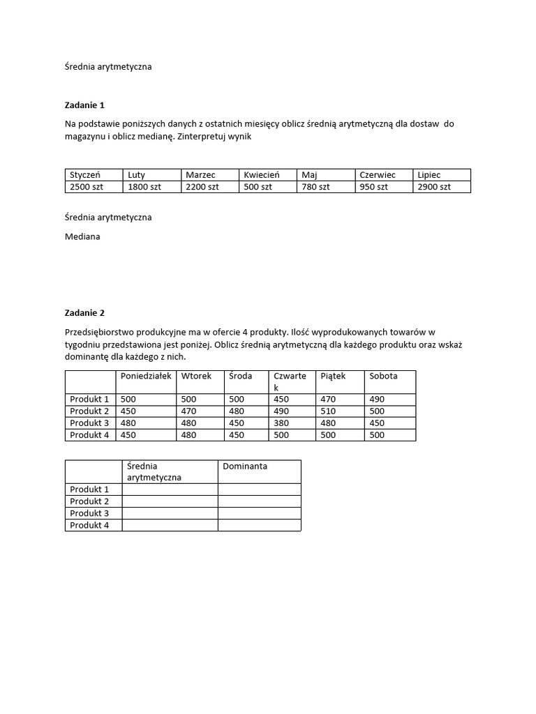 Zadania Średnia Arytmetyczna Wybór Dostawcy | PDF