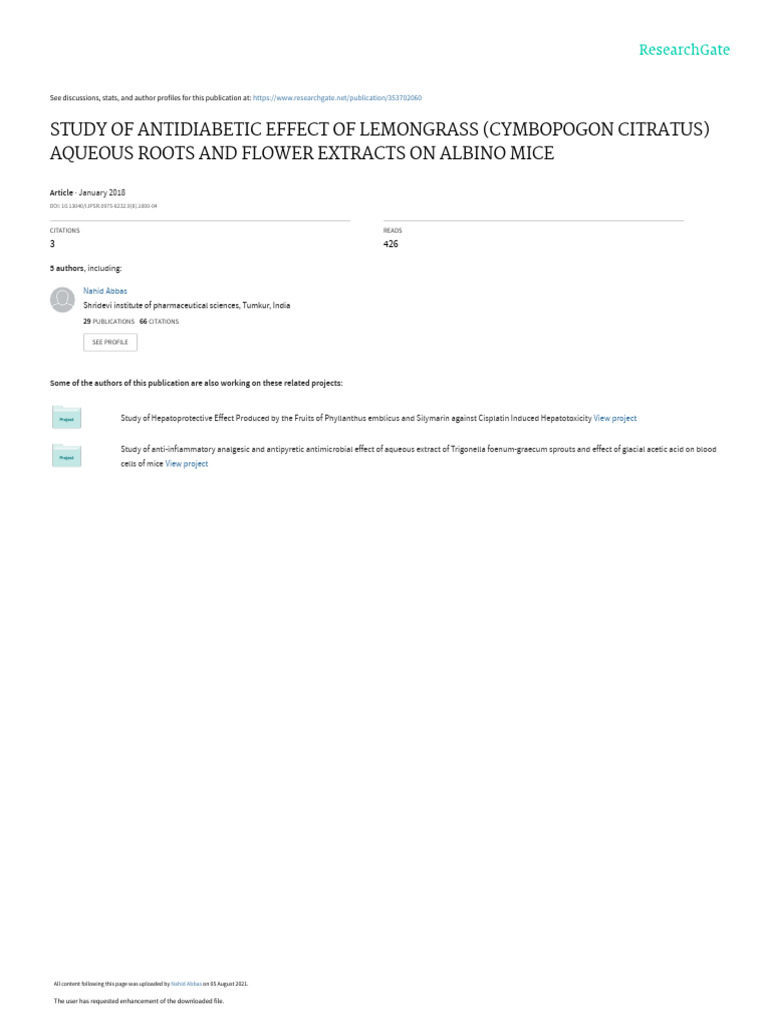 STUDY OF ANTIDIABETIC EFFECT OF LEMONGRASS (CYMBOPOGON CITRATUS) AQUEOUS ROOTS AND FLOWER ...